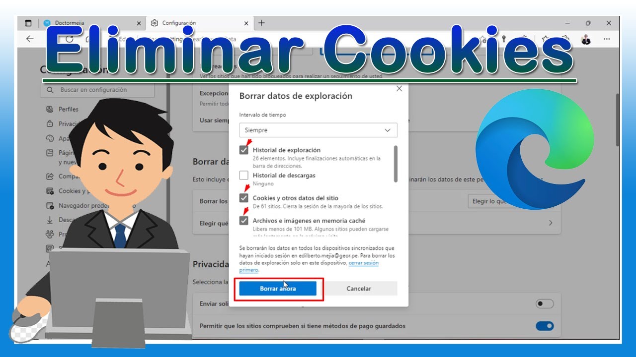 Como eliminar historial y cookies en navegador Edge - YouTube