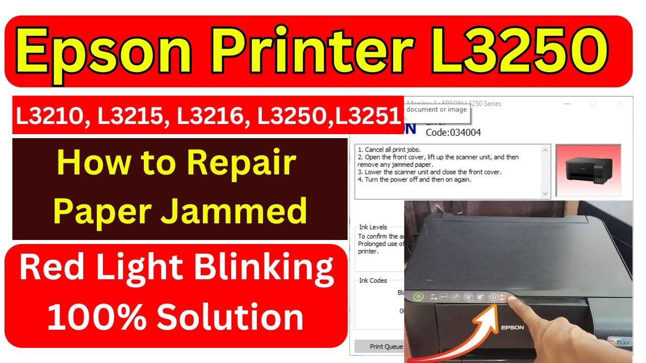 How to repair Epson Printer L3250, L3210, red light blink & Paper Jam ...