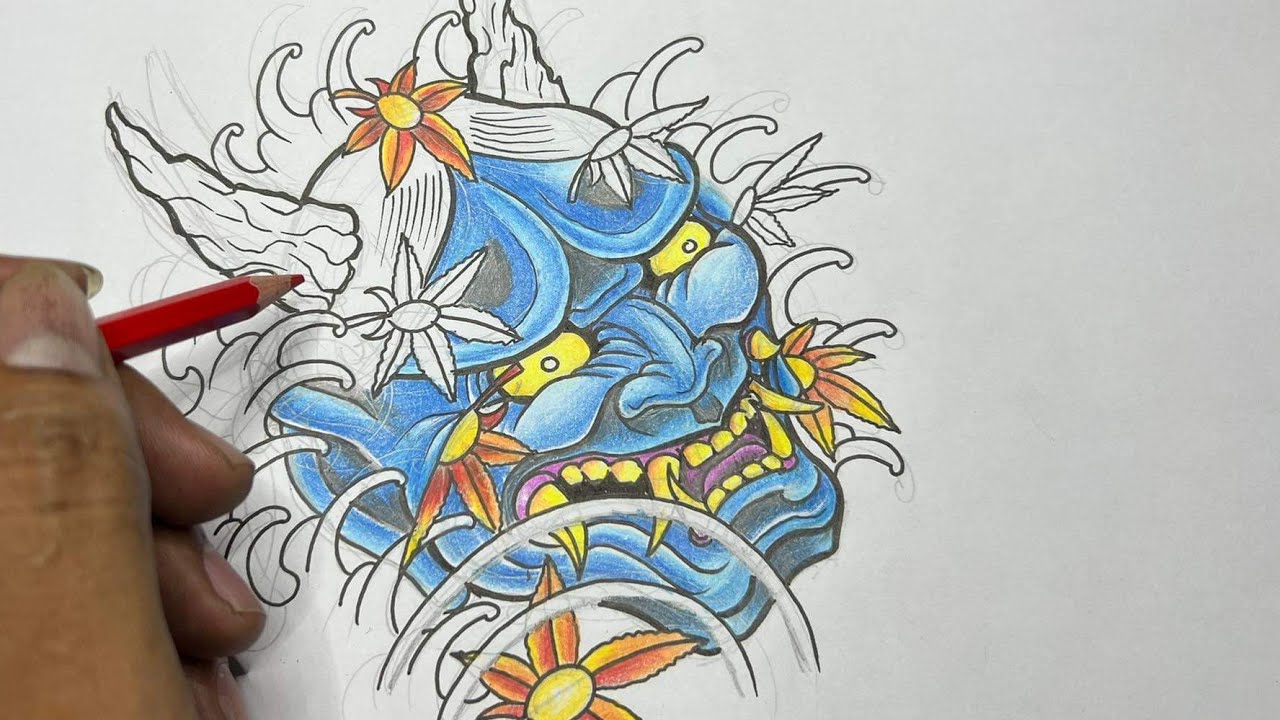 How to draw a Hannah mask - Hannah mask drawing for tattoo design - YouTube