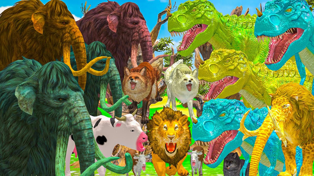 Giant lion Mammoth vs Dinosaur vs 10 giant wolves attack Bull Bull Baby ...