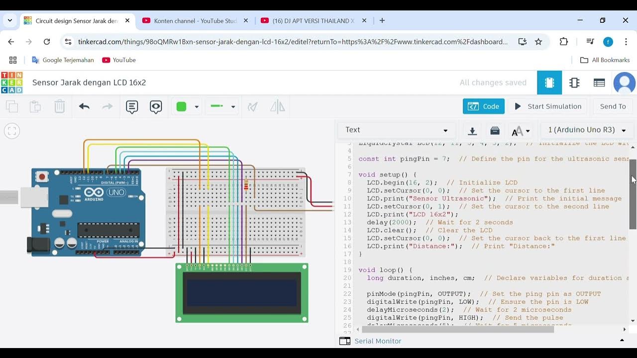 Circuit design Sensor Jarak dengan LCD 16x2 Tinkercad Google Chrome ...
