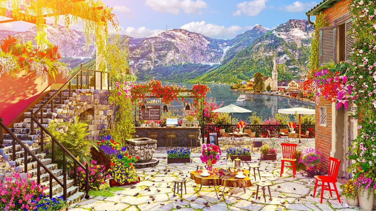 Beautiful Sweet Morning Spring in Outdoor Coffee Shop Ambience☕ Soft ...