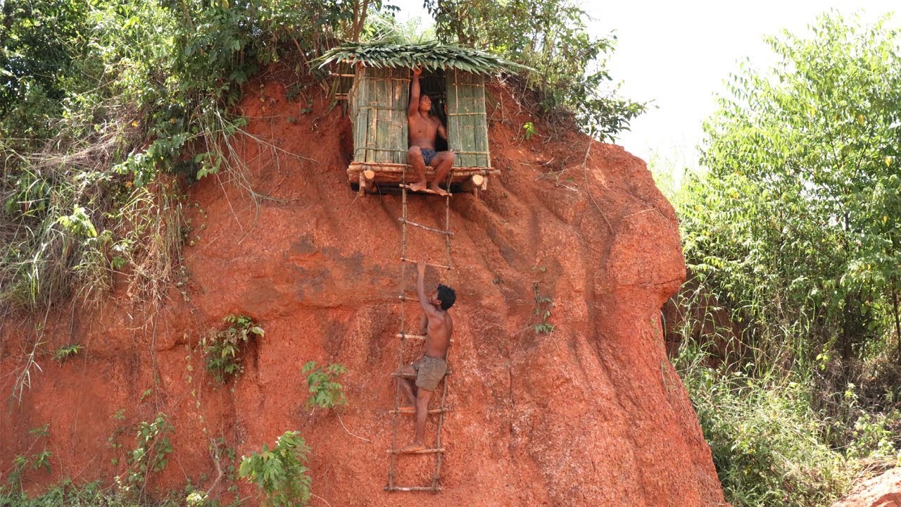 Dig Cliff to Build Underground House From Bamboo - YouTube