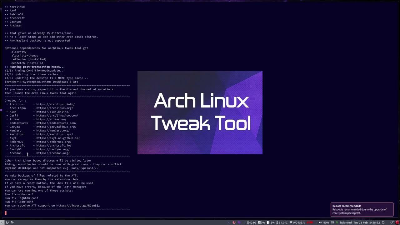ArcoLinux : 3323 ArchLinux Tweak Tool (ATT) on EndeavourOS - YouTube