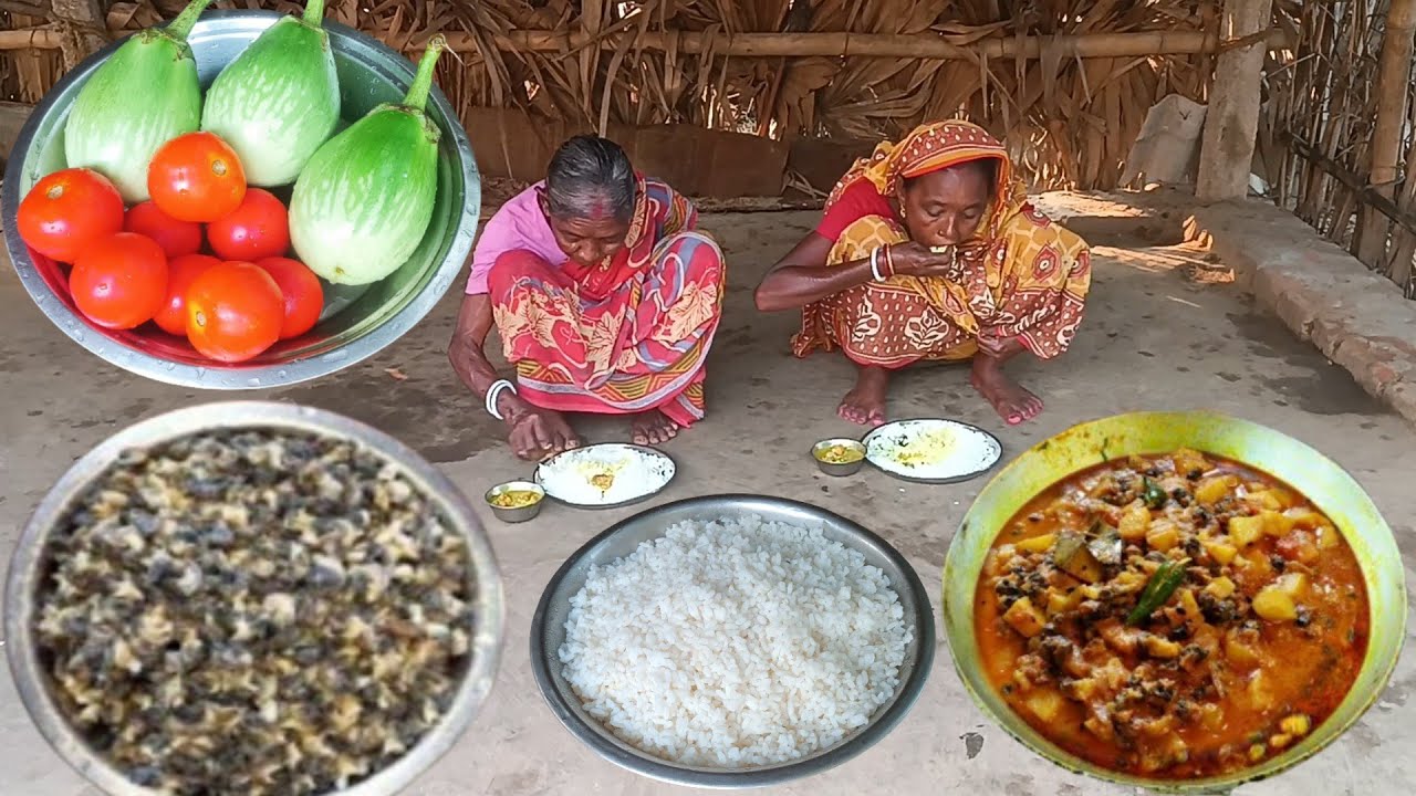 New style SNAIL MEAT CURRY with BRINJAL cookinge &eating by our grandma ...