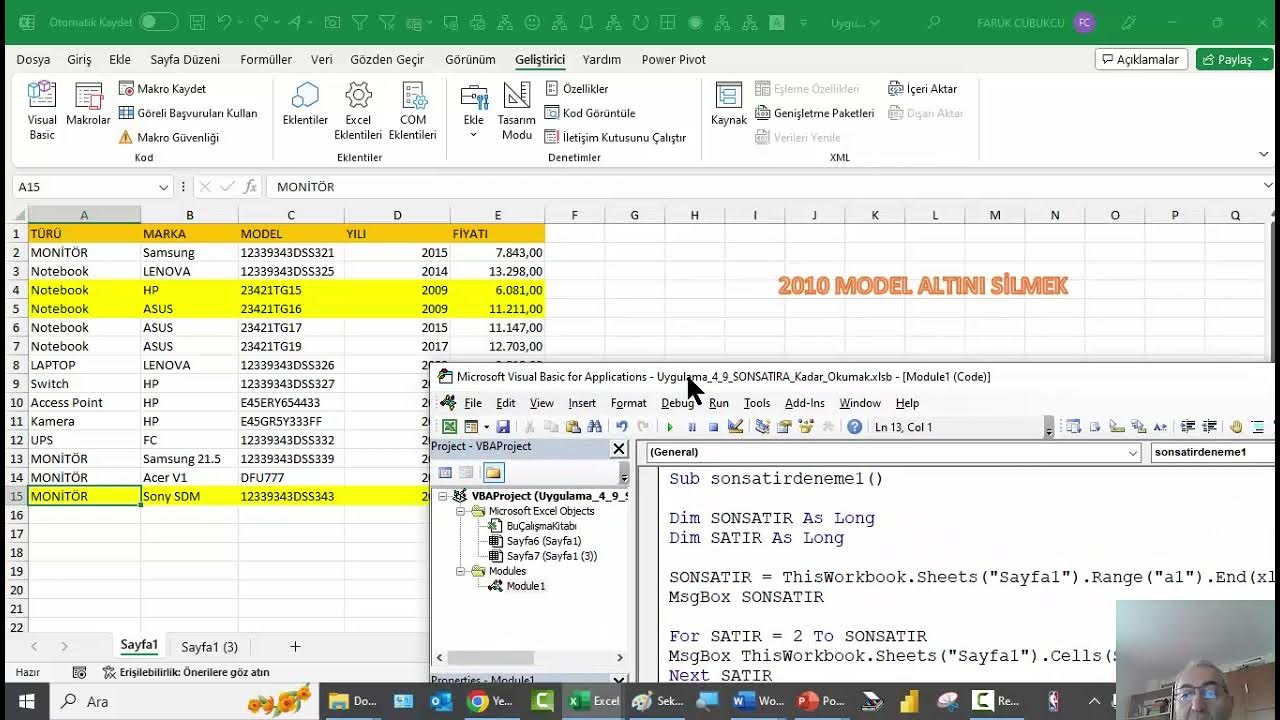 EXCEL VBA PROGRAMLAMA Uygulama 4-9-SONSATIRa Kadar Okumak - YouTube