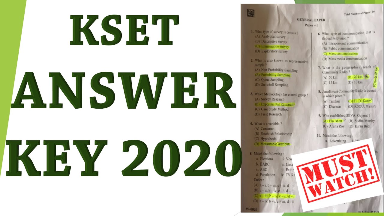 KSET ANSWER KEY 2020|| Paper 1 Answer key with solution** - YouTube