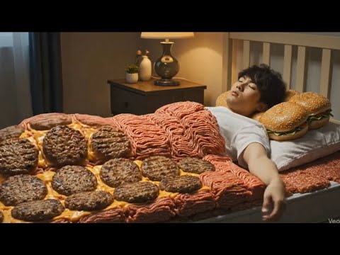 Bed from burger meat ASMR relaxation video google veo3 Ai satisfying ...