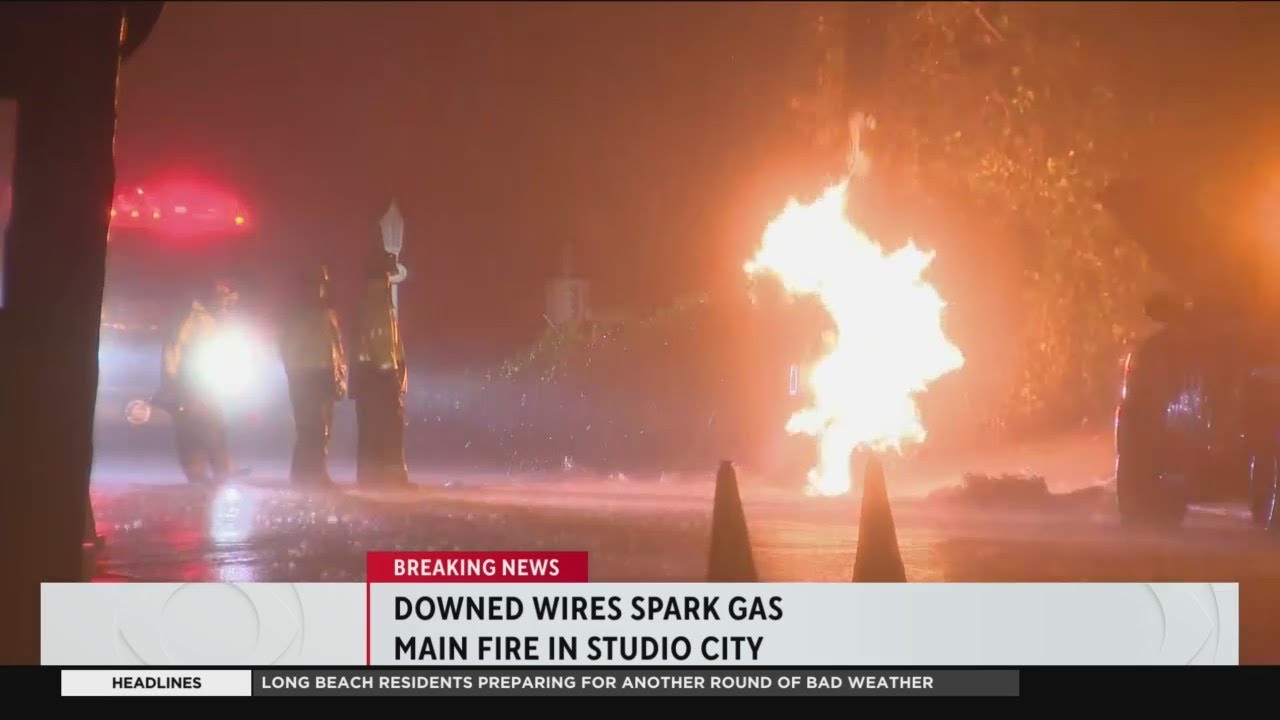 Downed wires spark gas main fire in Studio City - YouTube