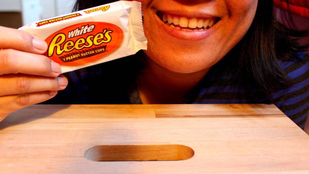 ASMR whisper eating Reese's white chocolate - YouTube