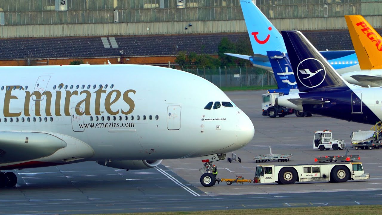 Emirates Airbus A380 ( A6-EVB ) pushback at Birmingham Airport 4K - YouTube