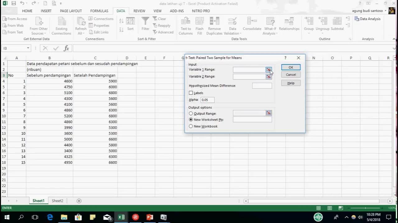 T test- paired two sample for means in excell - YouTube