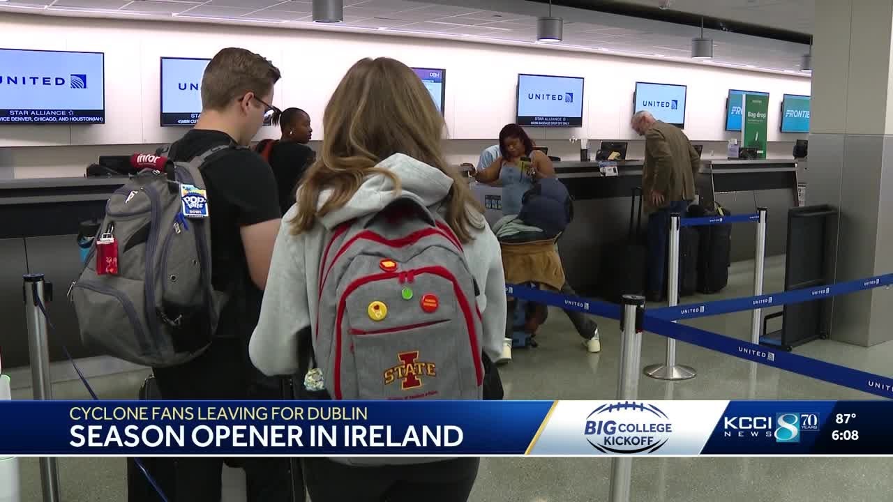 Iowa State fans take off out of Des Moines en route to Ireland - YouTube