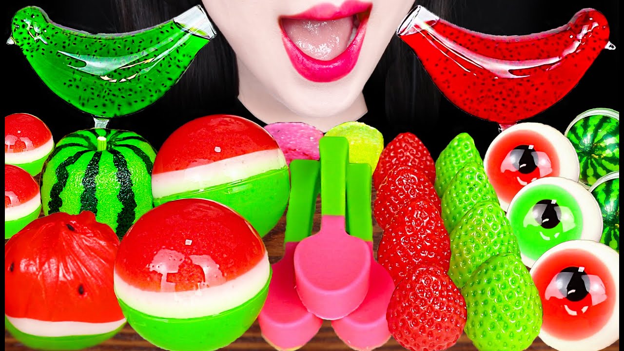 ASMR WATERMELON BIRD GLASS, EDIBLE SPOON, JELLY MUKBANG 새소리 물병, 먹는 숟가락 ...