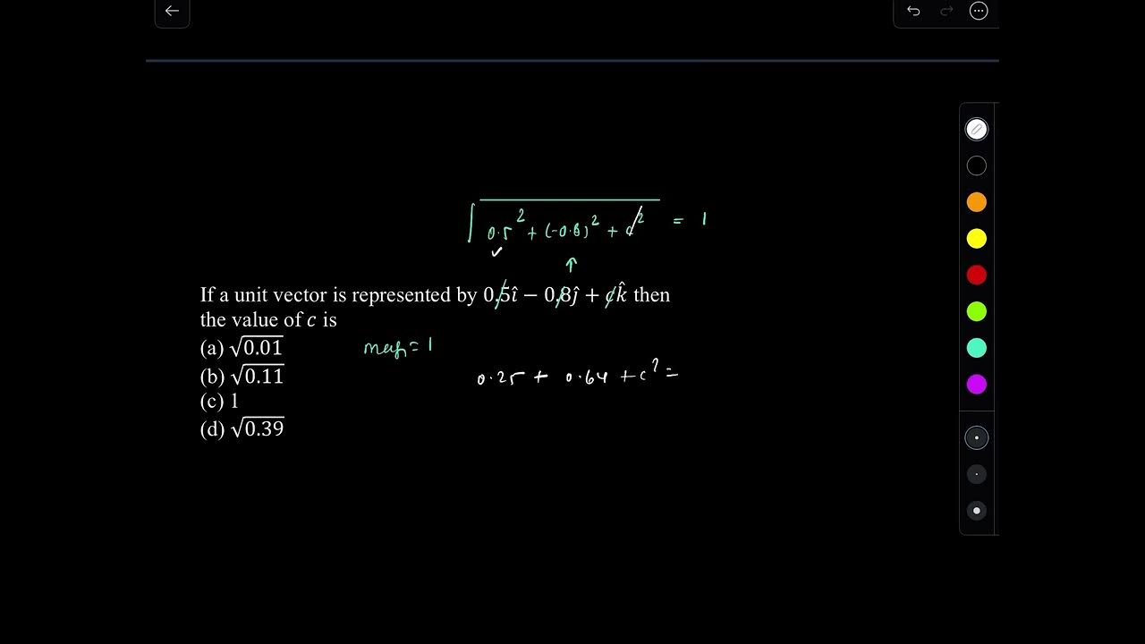 Decoding NTA Codes through PYQ. If a unit vector is represented by 0.5i ˆ-0.8j ˆ+ck ˆ then t ...