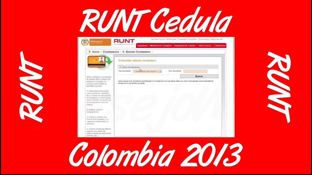 Como consultar el RUNT por Cedula Colombia - YouTube