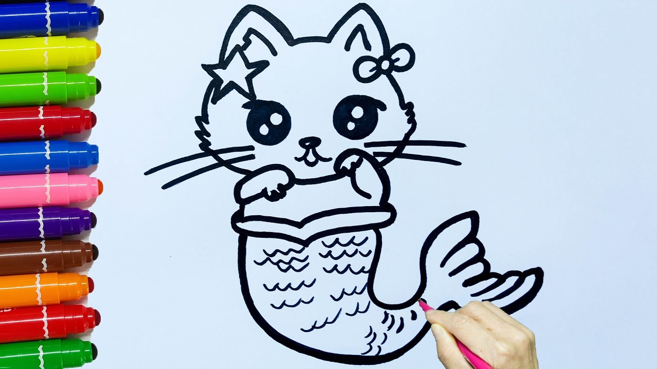 Cute mermaid cat Drawing | draw & coloring for kids & Toddlers | how to ...