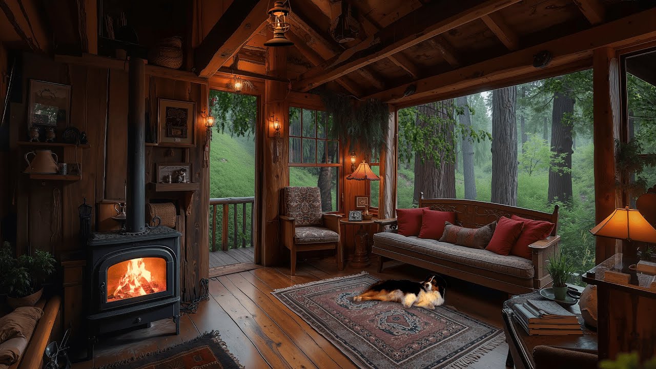 Cozy Morning Cabin Log Ambience with Birdsong, Fireplace and Nature ...