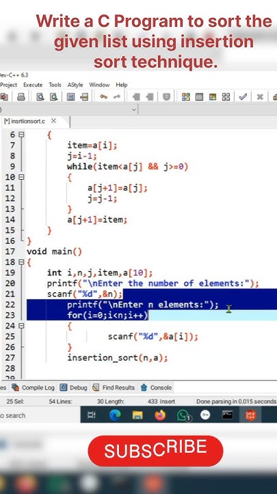 Write a C Program to sort the given list using insertion sort technique.#coding#c - YouTube