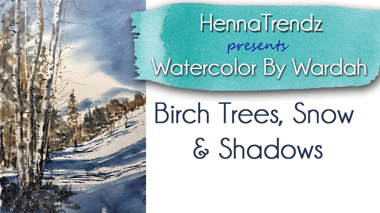 Sharp shadows in the snow Birch trees Watercolor Landscape painting ...