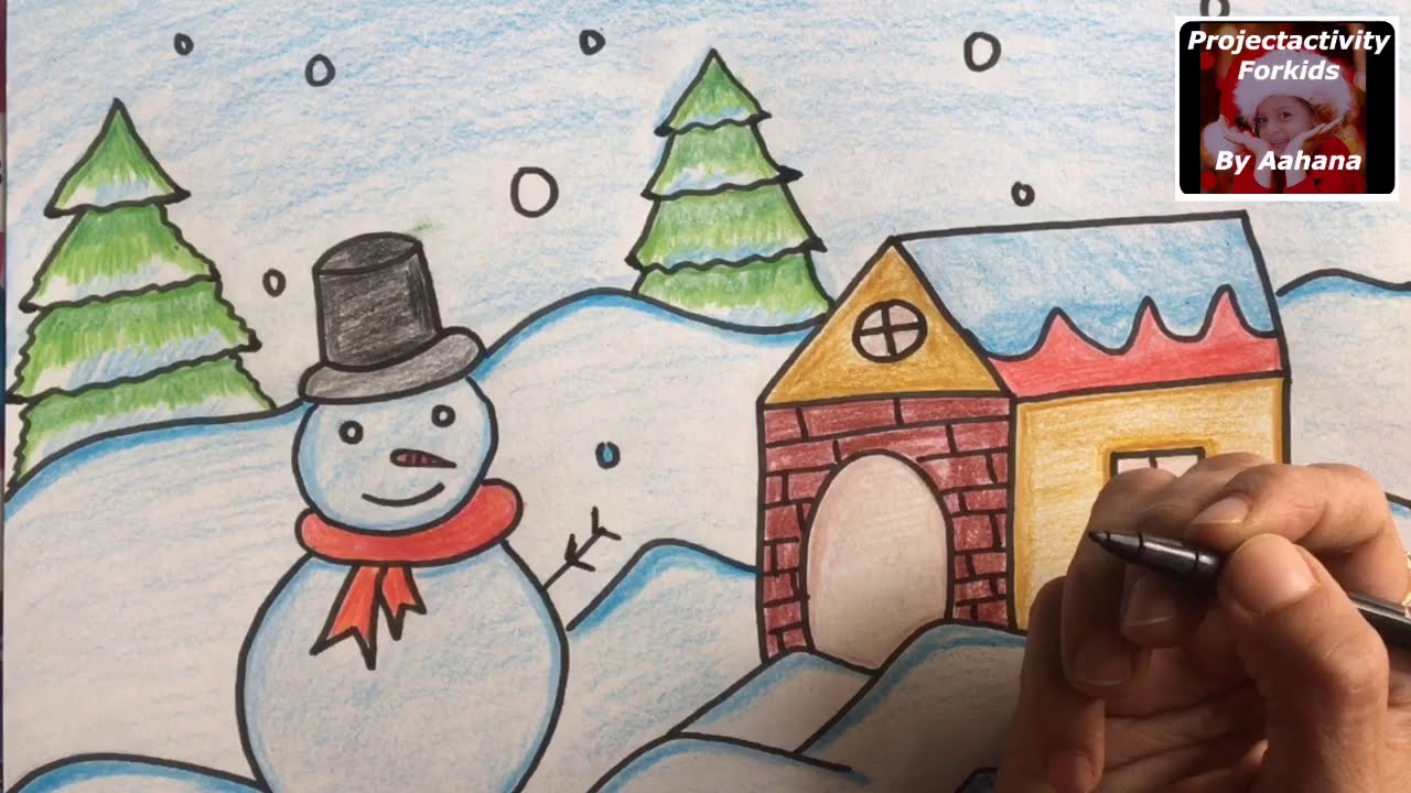 Winter scenery drawing step by step/easy winter scenery drawing using ...
