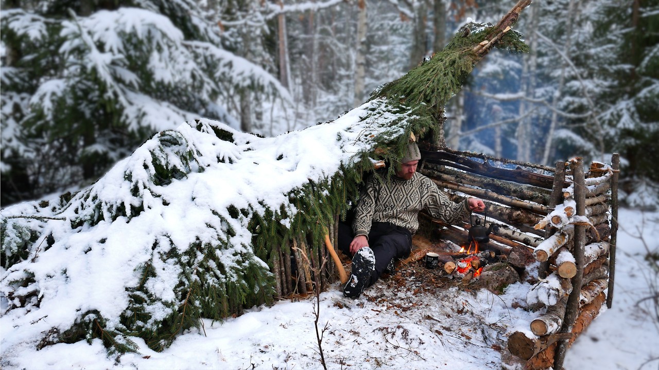 Winter Camping at a Primitive Bushcraft Shelter - YouTube