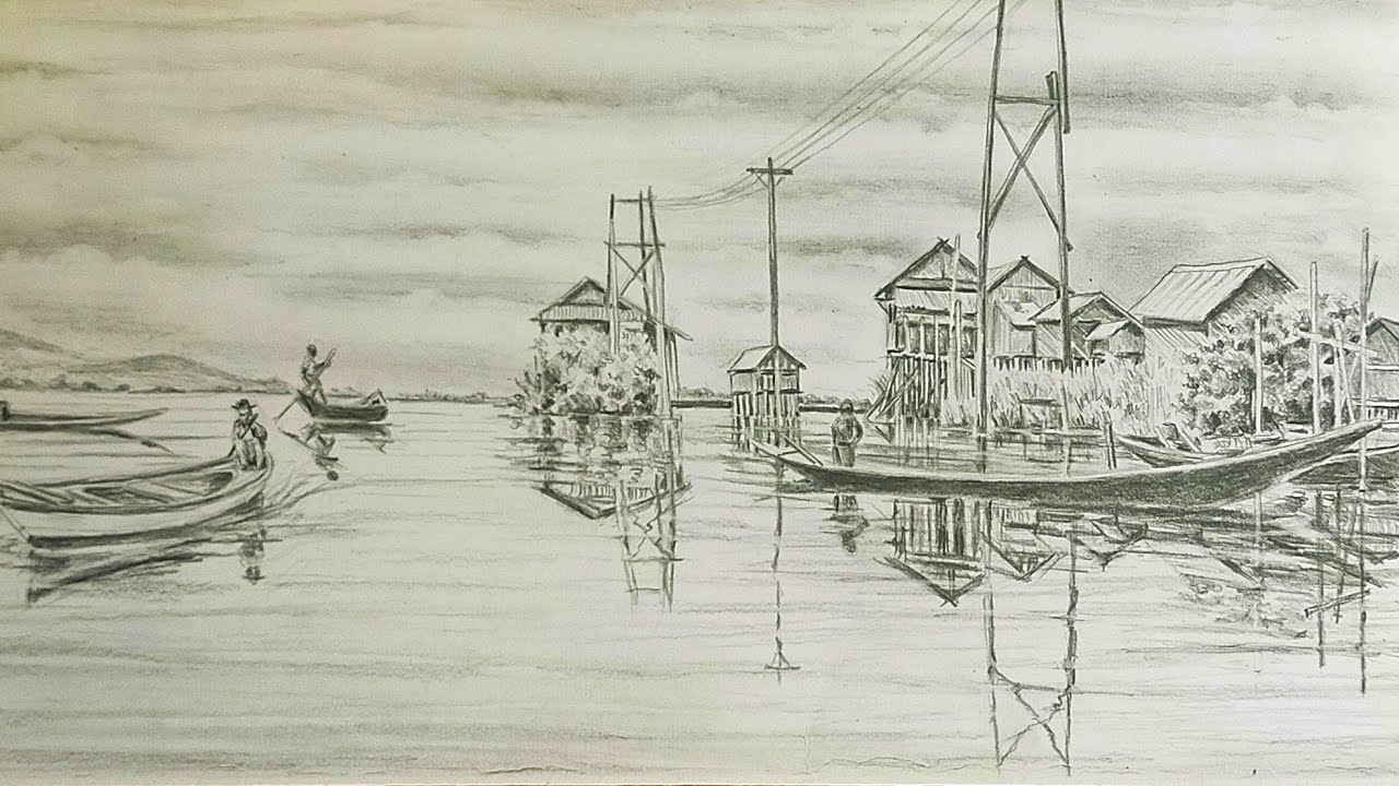 How To Draw Beautiful River Scenery Art || Easy Graphite Pencil Scenery ...
