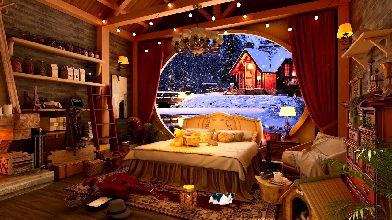 Cozy Bedroom In Winter - The Sound of Wind, Snow, and Fireplaces ...