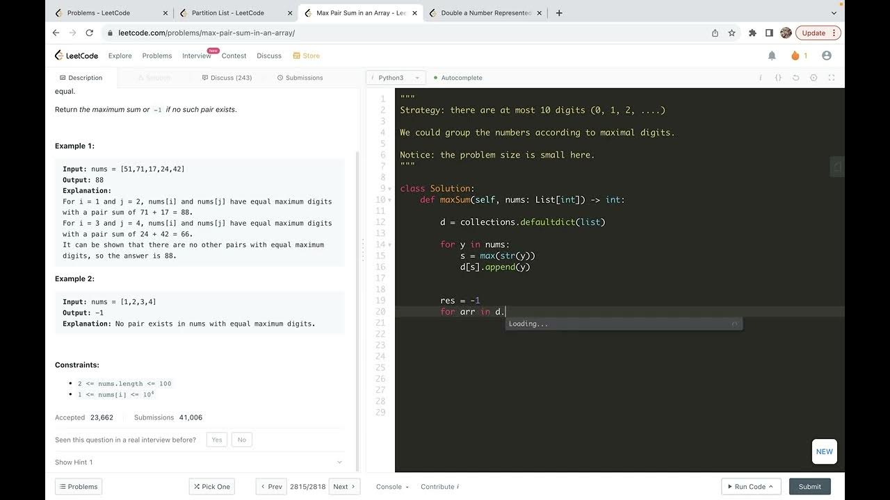 leetcode 2815. Max Pair Sum in an Array - use dict to group numbers - YouTube