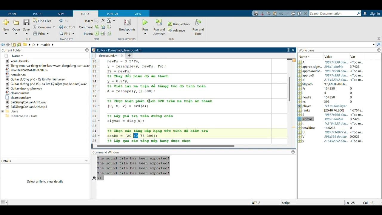 Giải thích đoạn code trong chương trình Matlab về phân tích SVD ứng dụng trong khử nhiễu âm ...