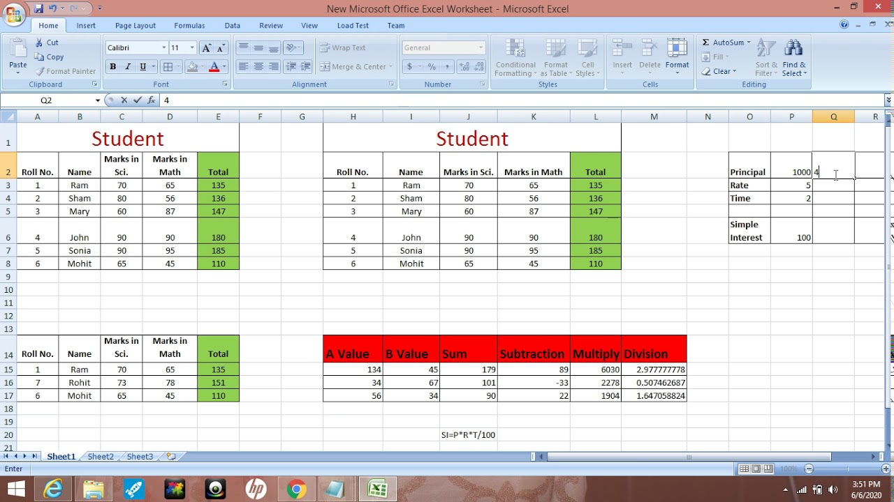 Ms Excel Tutorial 4arithmetic Operationsimple Interestconcatenationnaming And Color Of Sheet 5681