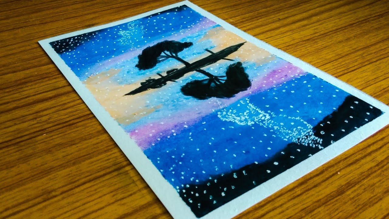 Galaxy Scenery | Oil Pastel Drawing | Clear Mirror Reflection of Night ...