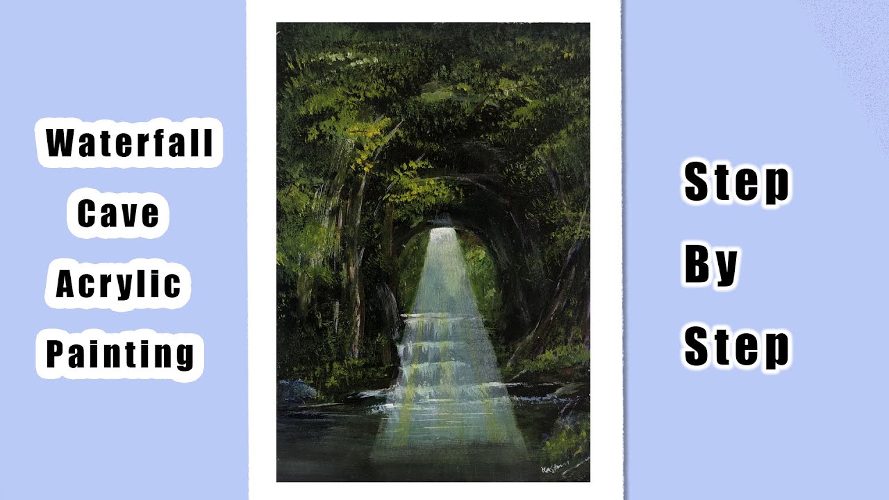 How to Draw Waterfall Cave Acrylic Painting Step by Step Tutorial for ...