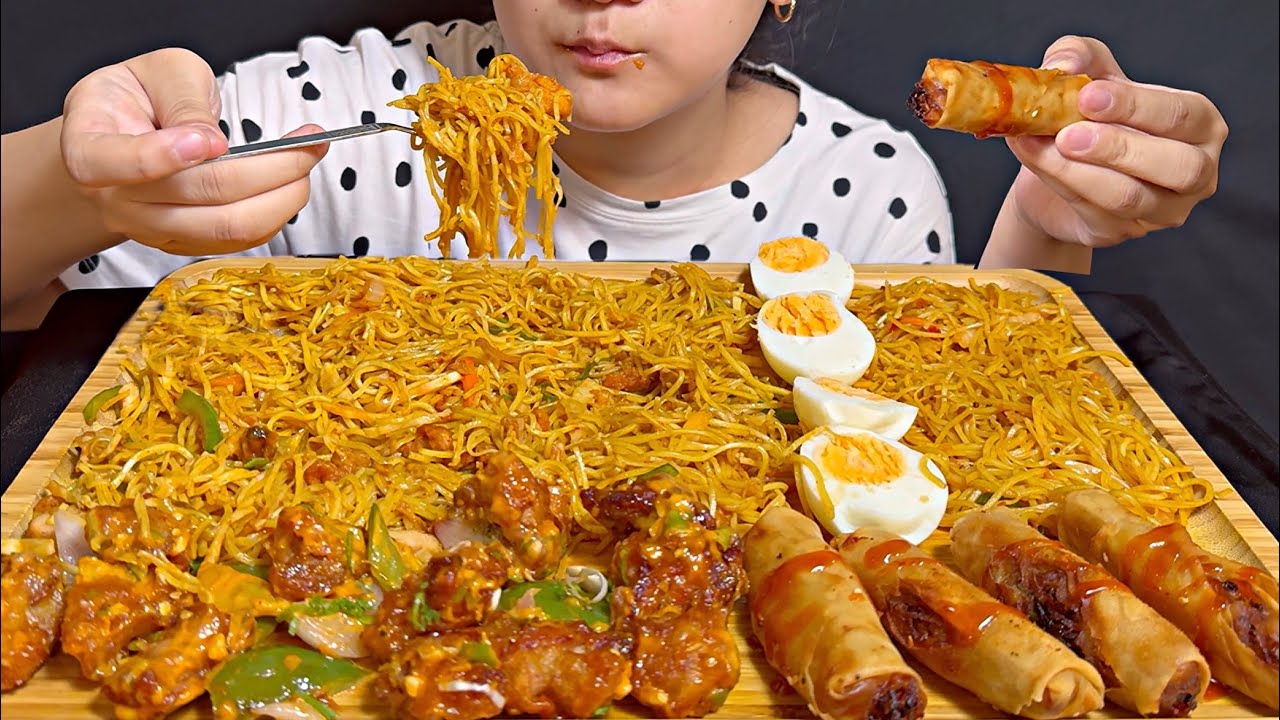 Eating chowmein, spring rolls , chilli chicken - YouTube