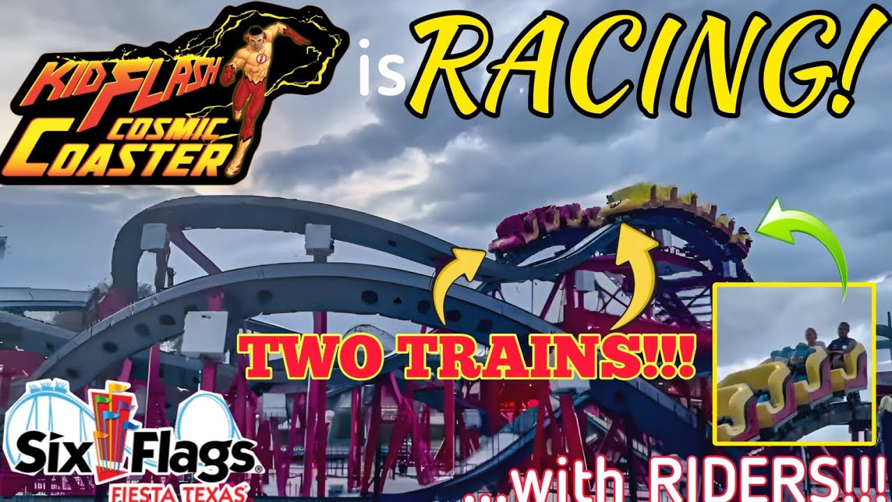 RIDERS testing Kid Flash! TWO trains RACING @ Six Flags Fiesta Texas 9 ...