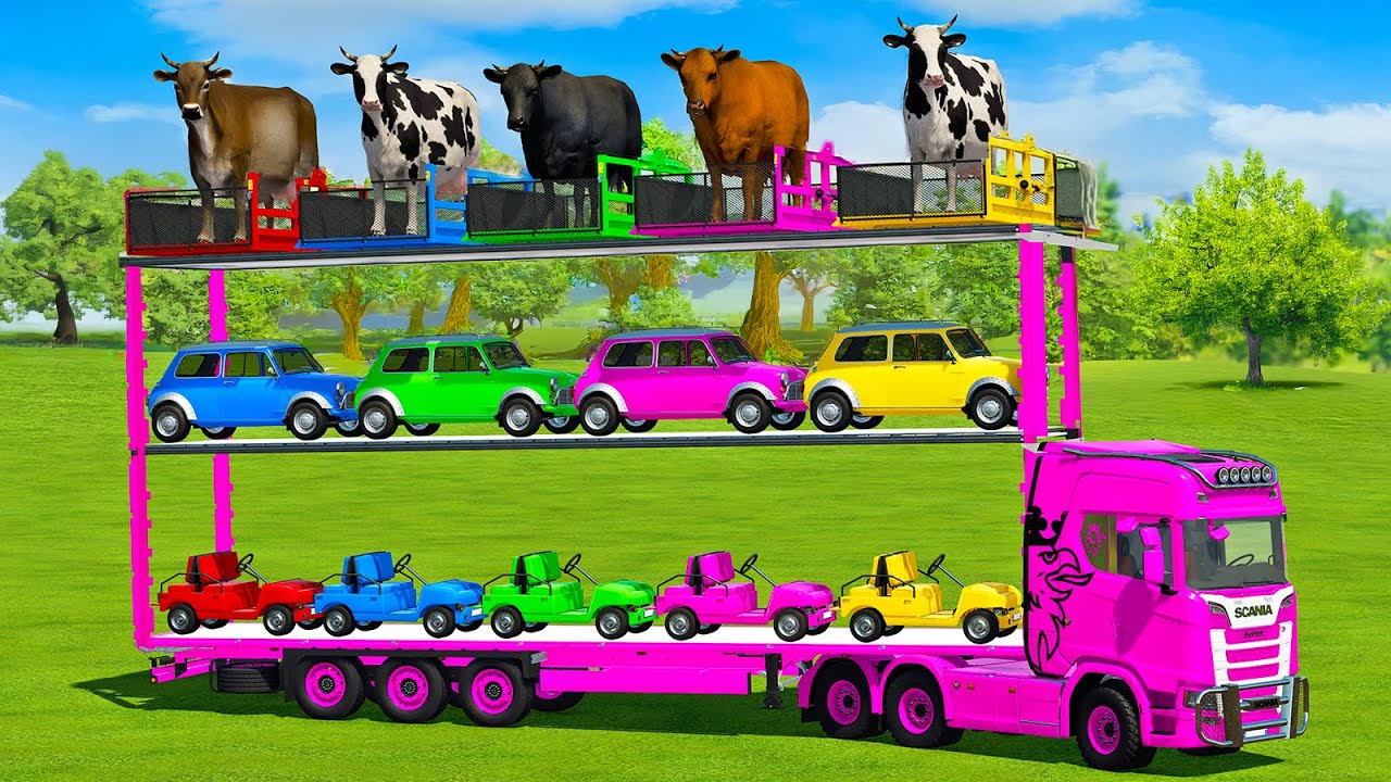 TRANSPORTING FIVE COLOR MINI COOPER CARS, COWS & GOLF CARTS WITH SCANIA ...