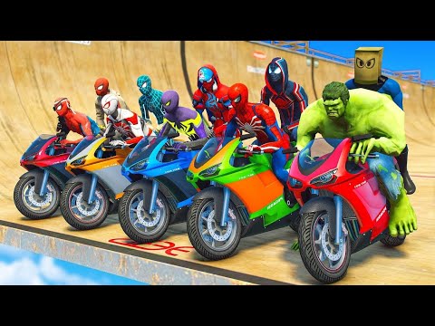 Team SPIDER-MAN Color & Hulk Race Go Uphill Over the Ocean Ramps Challenge Part #1