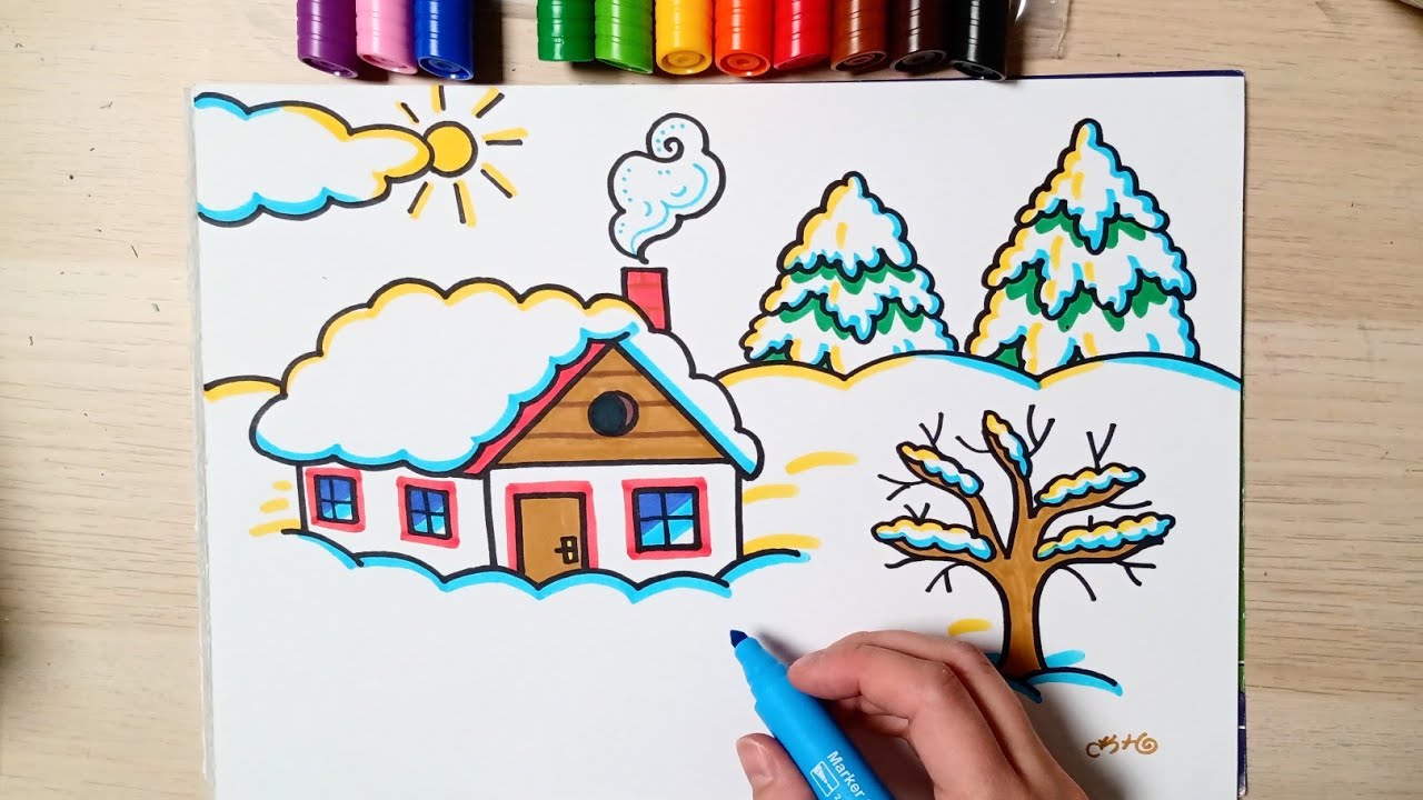 HOW TO DRAW a Winter Cottage scene during sunset - Easy drawing for ...