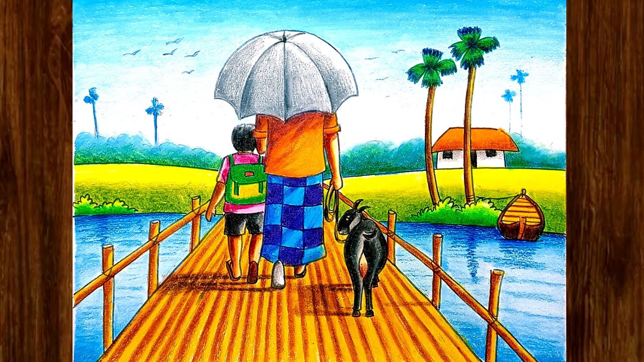 Village scenery drawing with human figure step by step/Village scene ...