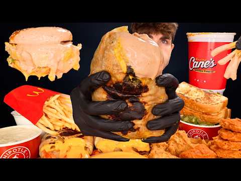ASMR MUKBANG EXTRA CANES SAUCE CHIPOTLE GIANT BURRITOS BIG MAC BURGERS CHICKEN & FRIES | WITH CHEESE