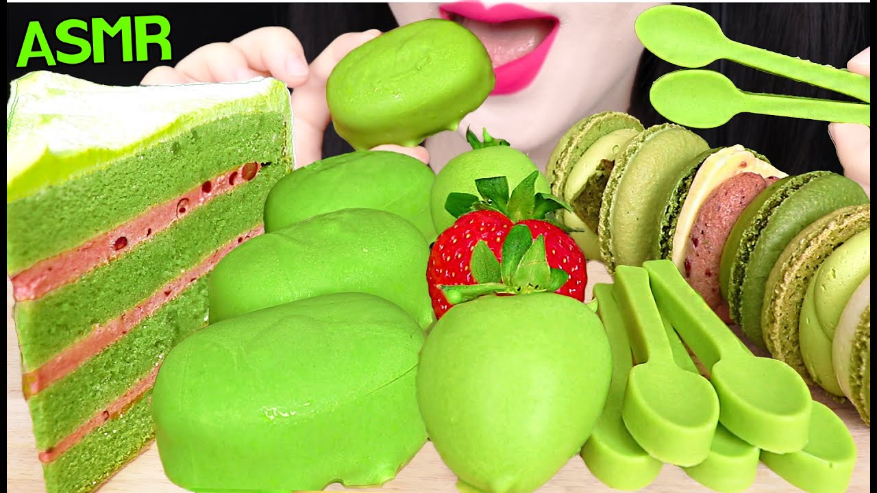 ASMR GREEN TEA CHOCOLATE ICE CREAM, EDIBLE SPOON 녹차 초콜릿 아이스크림, 먹는 숟가락 ...