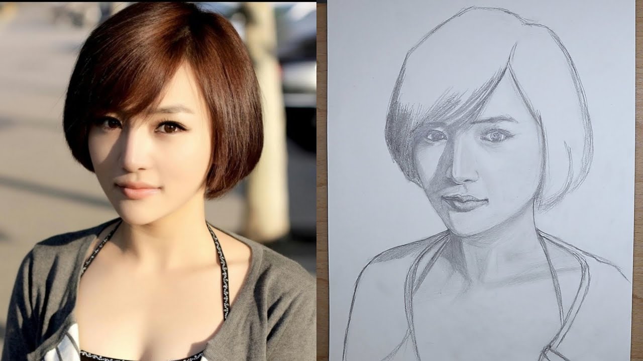 How to draw a girl with short hair from line draft drawing | step by ...