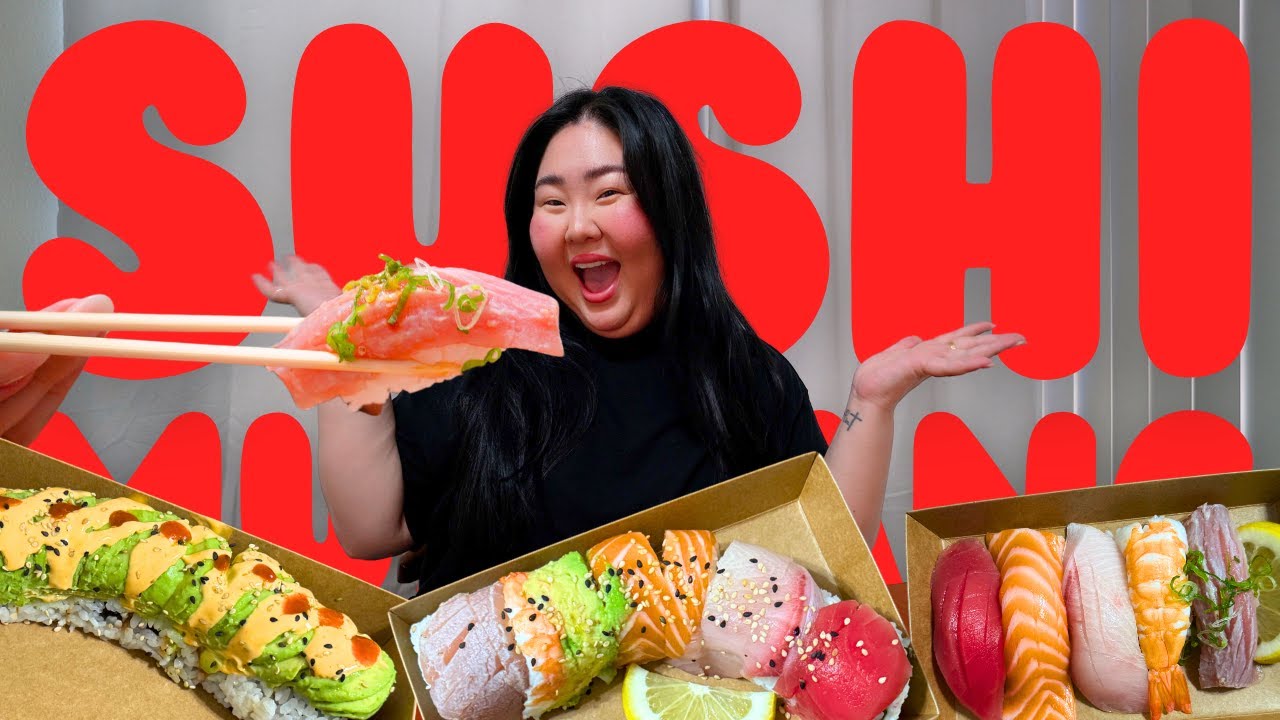 HUGE SUSHI 🍣 MUKBANG 먹방 EATING SHOW! + Avo on Fire 🥑, Rainbow Roll 🌈, and 5 Star Sushi Set ⭐️ ...