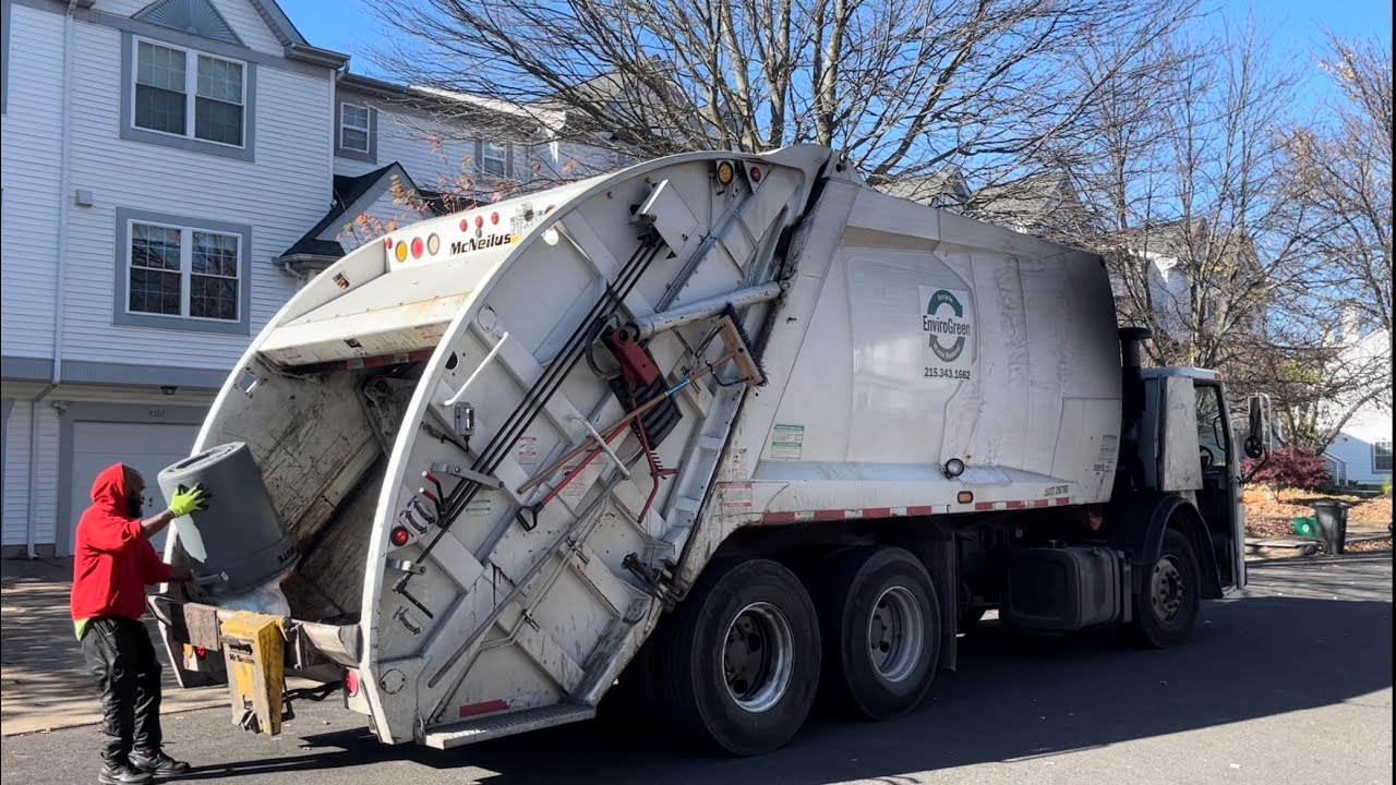 Envirogreen Mack LEU McNeilus rear loader garbage truck on manual trash ...