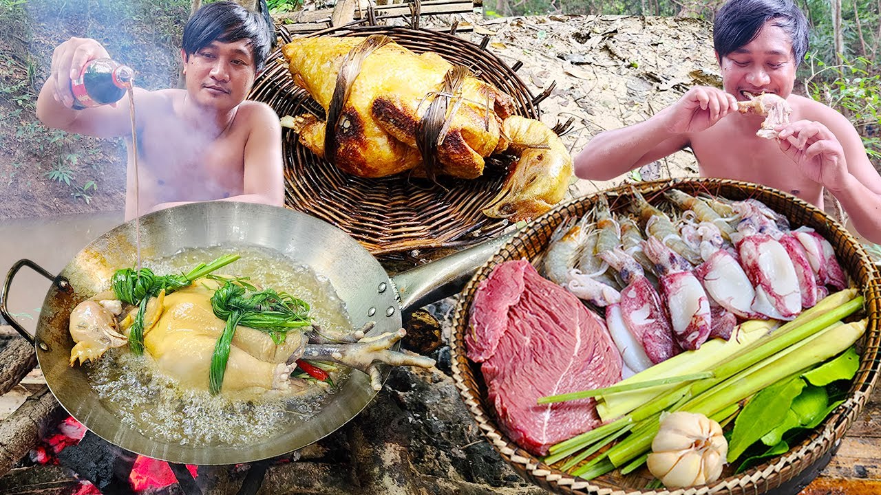 Whole rooster baking with luffa gourds - Seafoods cooked in bamboo ...