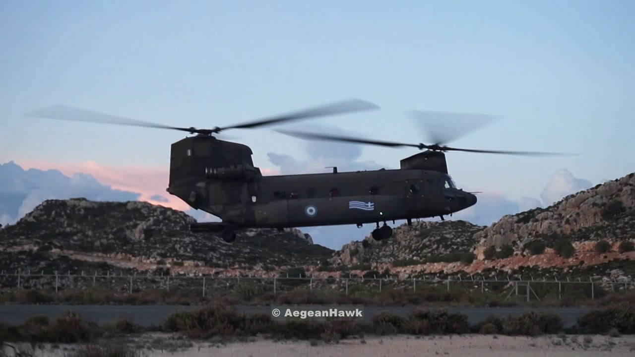 Hellenic Army Aviation CH-47SD Chinook take off from Kastellorizo ...