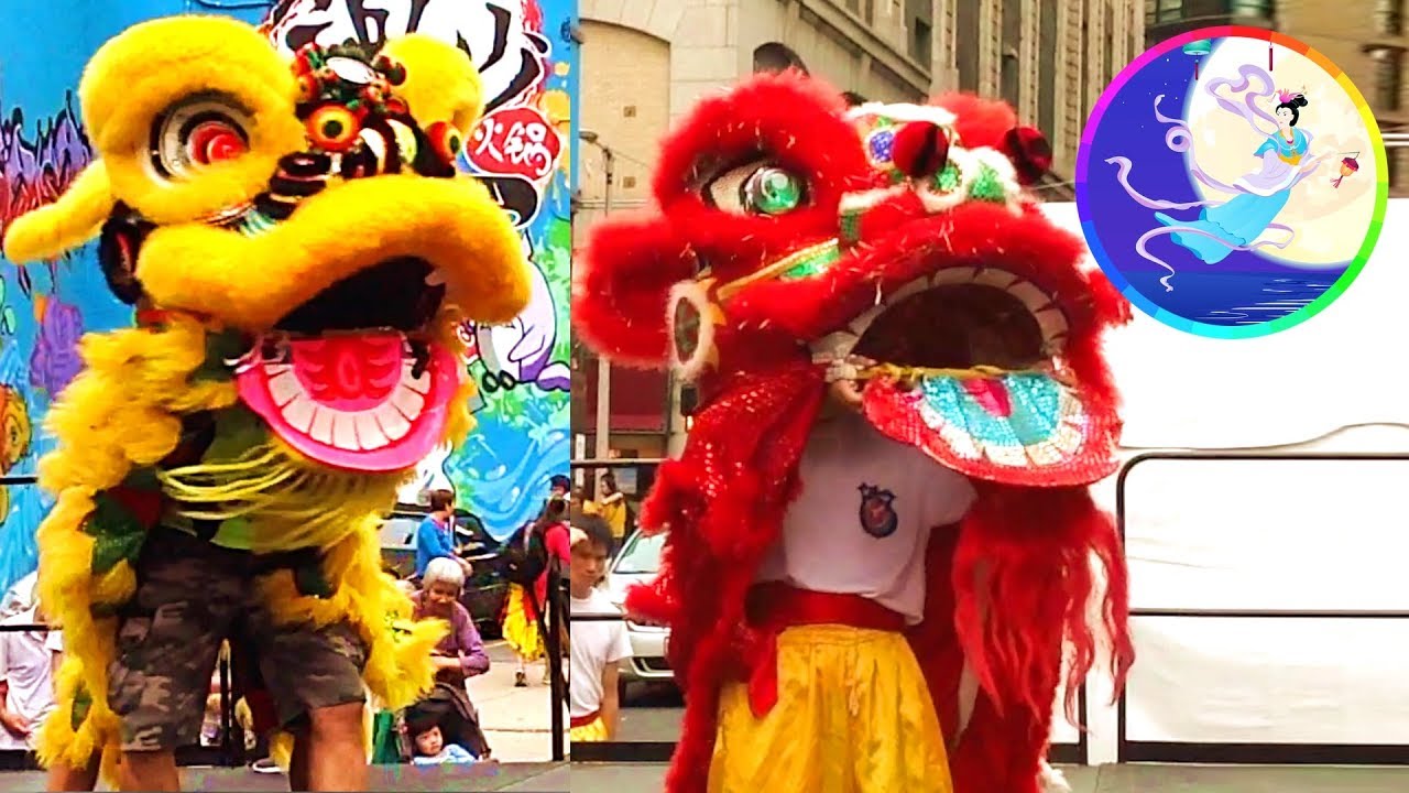 2018 Lion Dance with Young Kids Cub Performance Yellow & Red Colors ...
