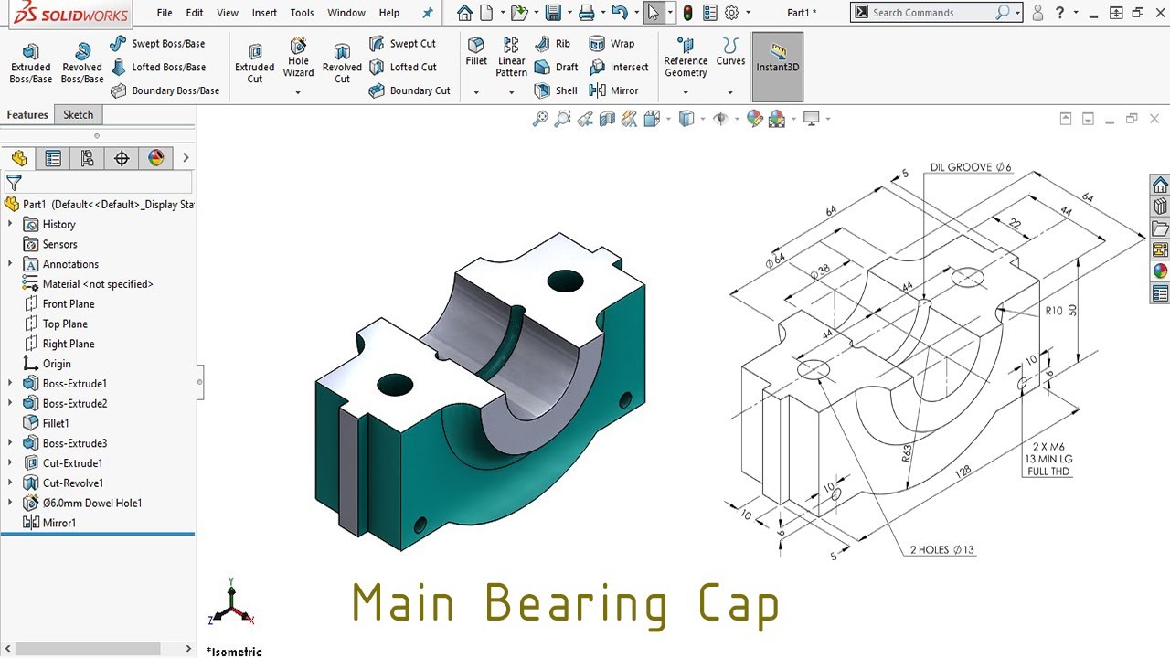 Solidworks Tutorial: Exercise #56 (Main Bearing cap) - YouTube