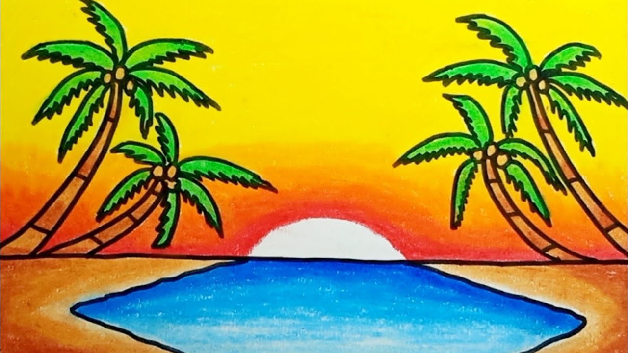 How To Draw Beach Scenery Beautiful And Easy Step By Step |Drawing ...