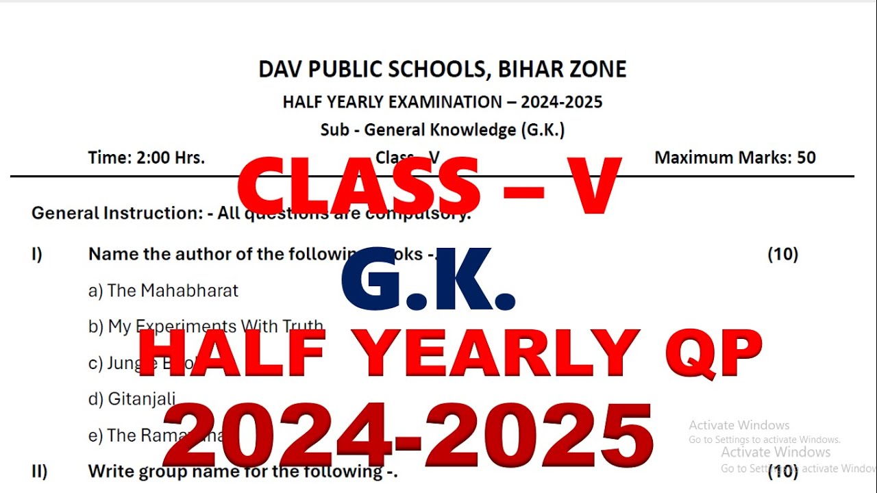 DAV CLASS 5 G.K. HALF YEARLY QUESTION PAPER | QUESTION PAPER | PREVIOUS ...